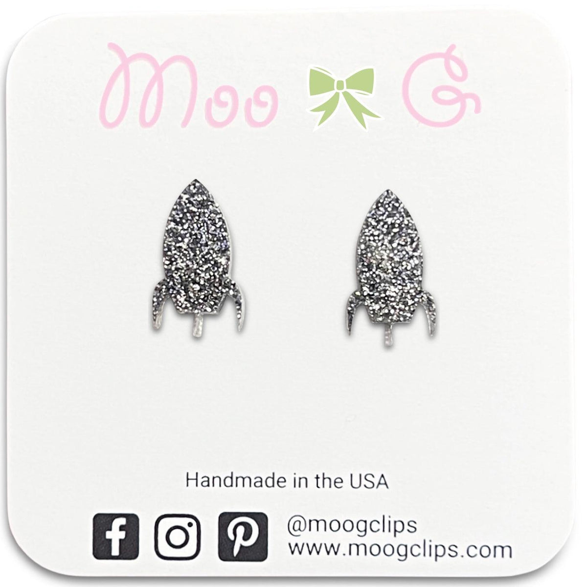 Silver Rocket Ship Resin Earrings - Hand Painted - Moo G Clips